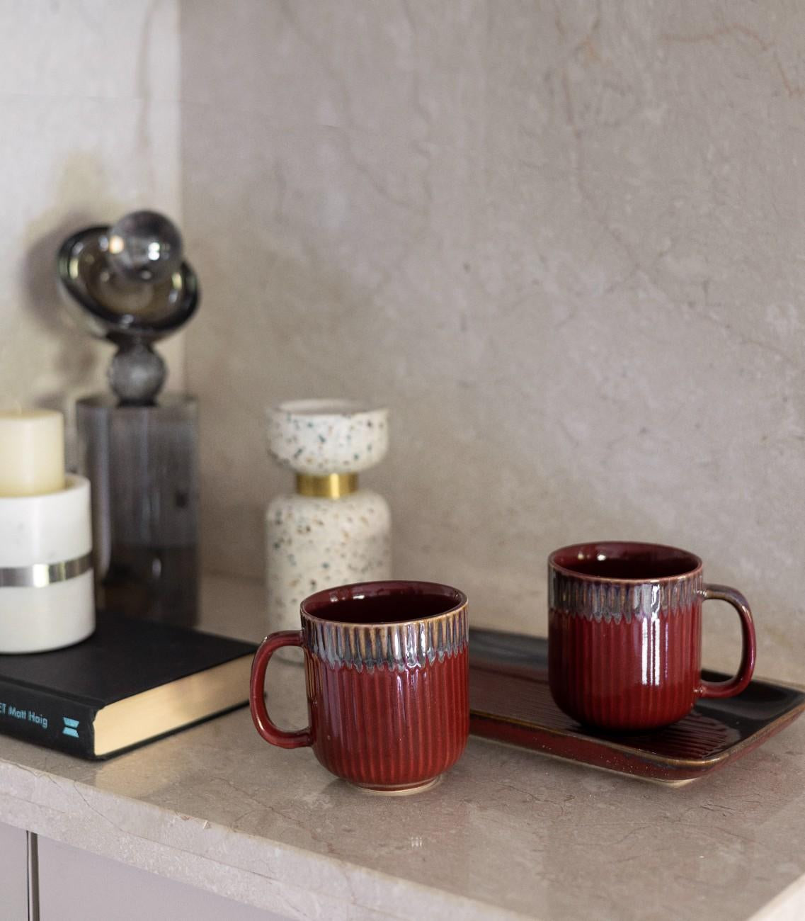 Buy Glossy Finish Maroon Ceramic Coffee Mug Set with Tray